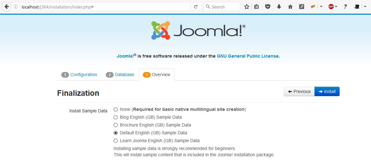 Sample data set of Joomla! default installation: None, Blog, Brochure ...